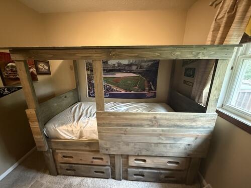 Rustic enclosed loft twin bed set w/ roof. Drawers for storage ...