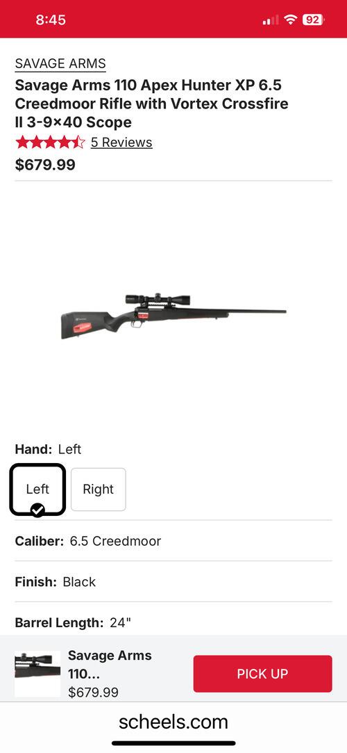 Left hand Savage Arms 110 Apex Hunter XP 6.5 Creedmoor Rifle with Vortex Crossfire | Williston, ND