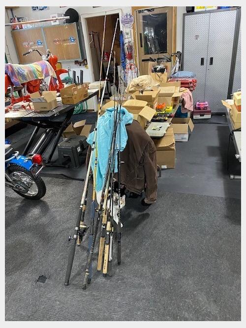 Fishing stuff fishing rods, and a lot of equipment string, lures,jigs ...