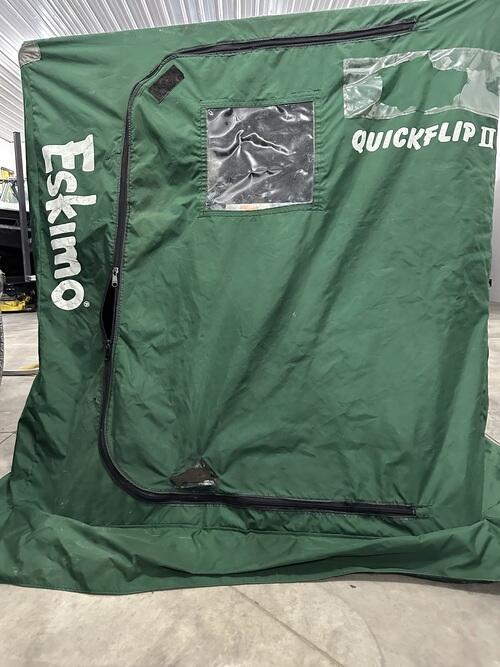 Eskimo 2 man flip over fish house. Sled is worn and hole in the door ...