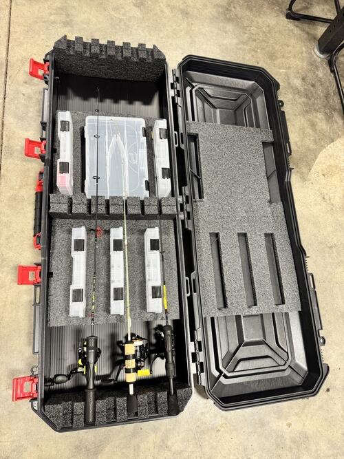 Ice fishing rod case with three rods, bait cooler, one shot skimmer ...