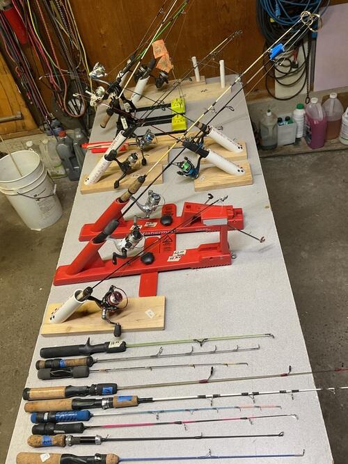 Ice fishing gear for sale, hand auger, tip-ups, pole holders, bucket ...
