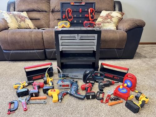 Kids toy rolling three drawer tool bench and toy tool set. Includes all ...
